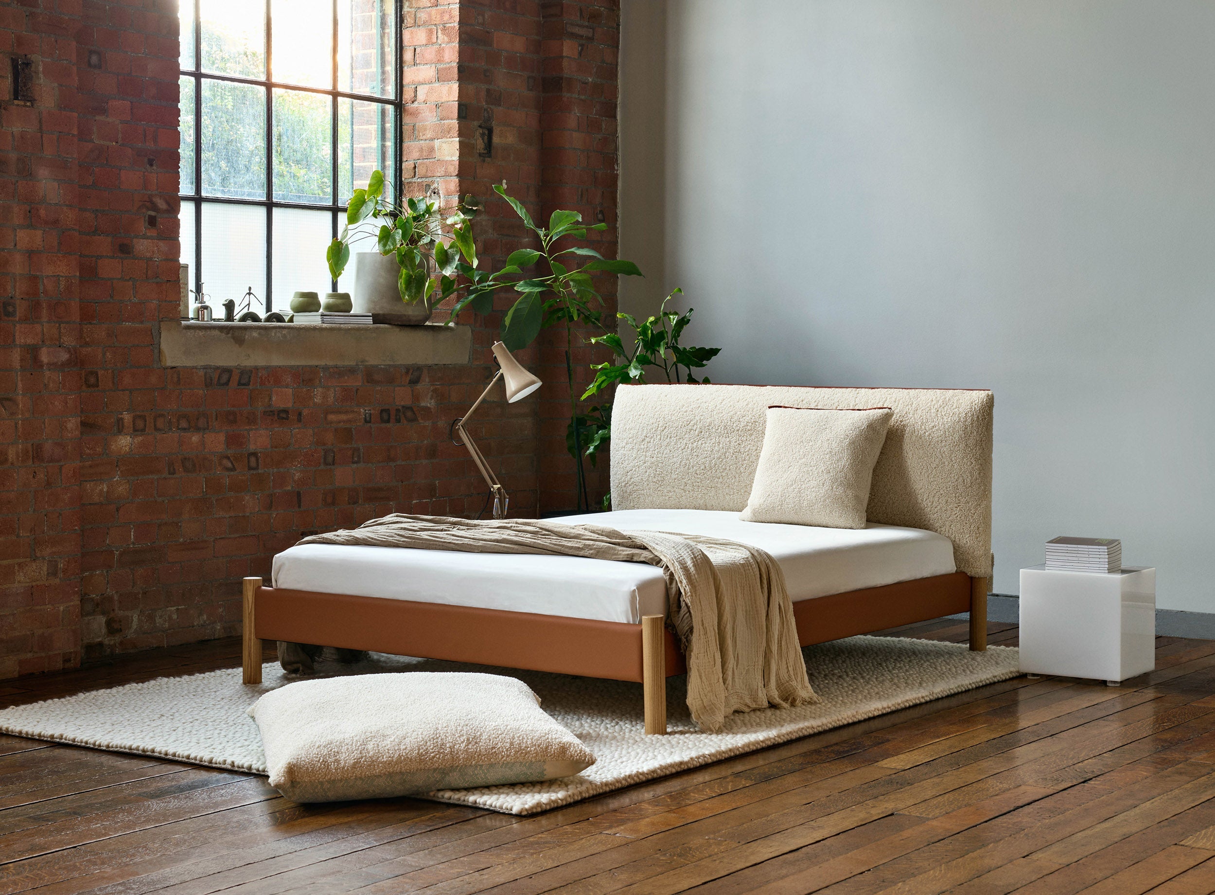 Cozy Bed King Tan Vegan Leather Frame Cream Fleece Headboard
